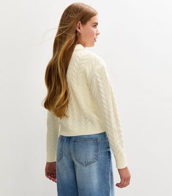 Girls Cream Cable Knit Zip Through Cardigan - New Look